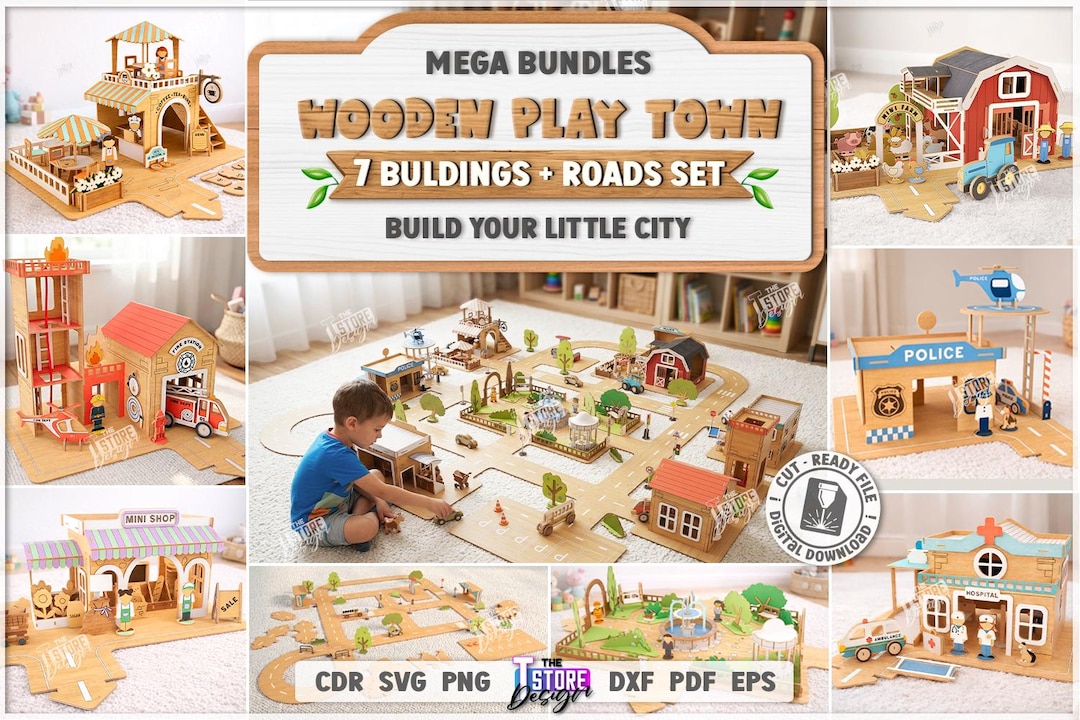 3d Wooden Play Town Mega Bundle, Large Montessori City Toy Set Laser ...