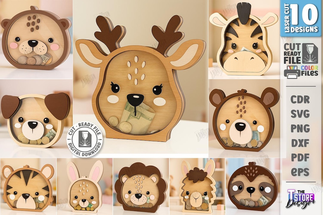 3d Animal Money Boxes Laser Cut Bundle, Animal Piggy Bank Svg, Kids ...