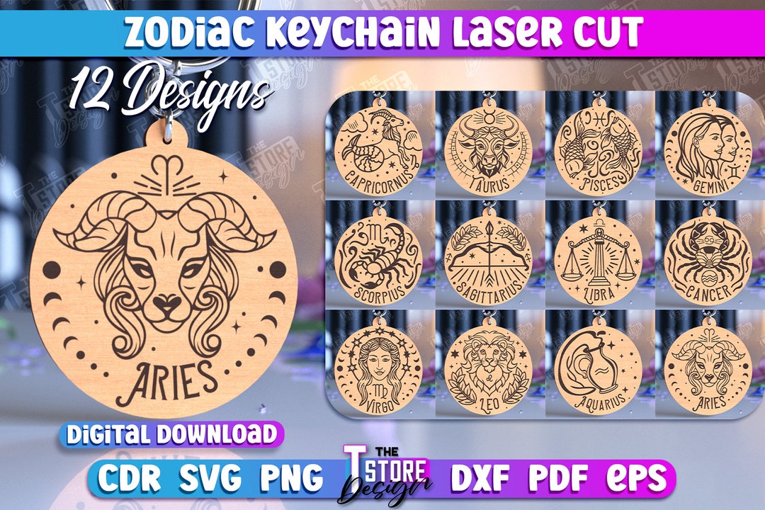Zodiac Signs Keychain Lasercut, Astrology SVG, Round Horoscopes ...
