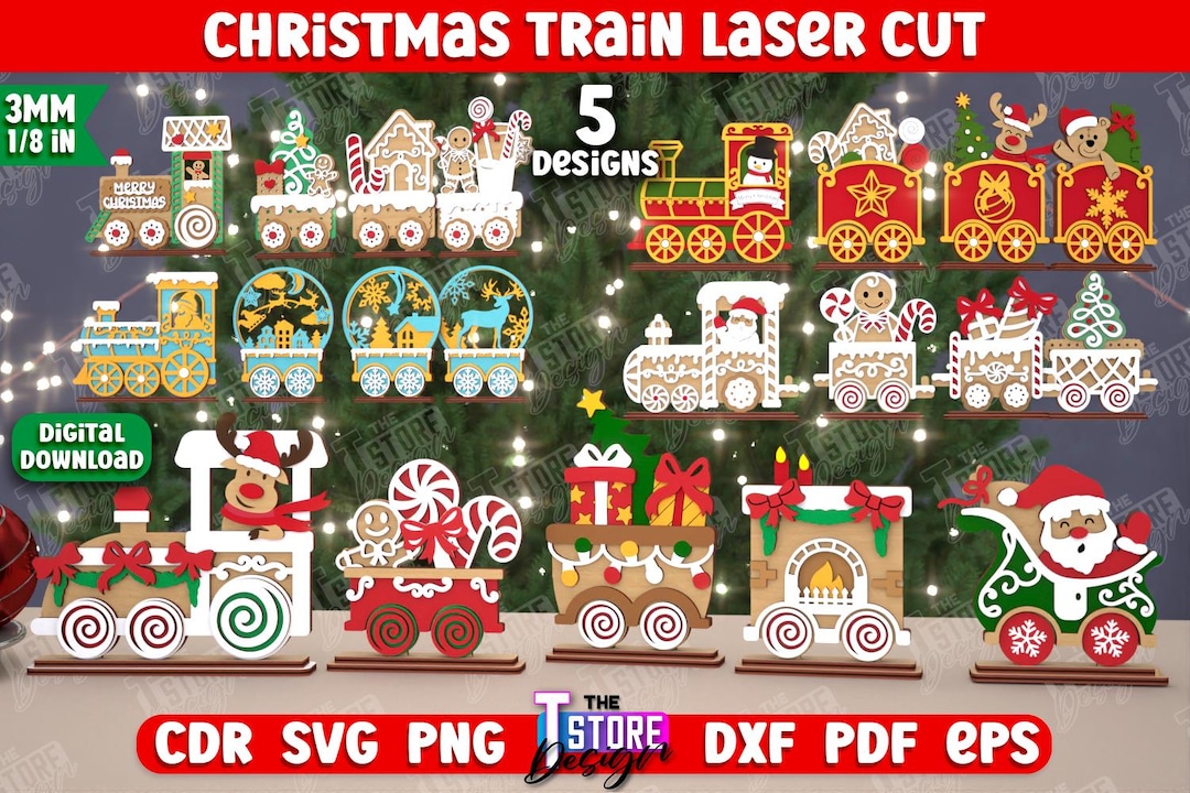 3D Christmas Trains Laser Cut Bundle, Wooden Christmas Train Laser Cut ...