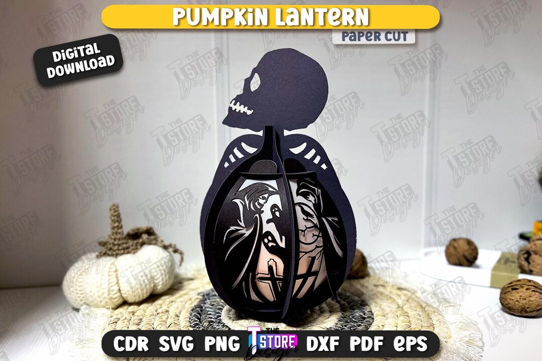 Skeleton Lantern Paper Cut Svg, Pumpkin Paper Cut Lamp, Gothic ...
