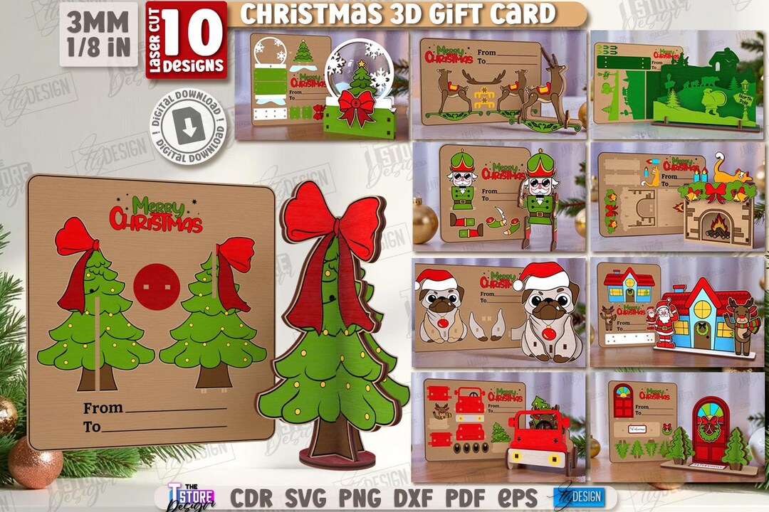 3d Christmas Pop up Gift Cards Laser Cut Bundle, Christmas Puzzle Cards ...