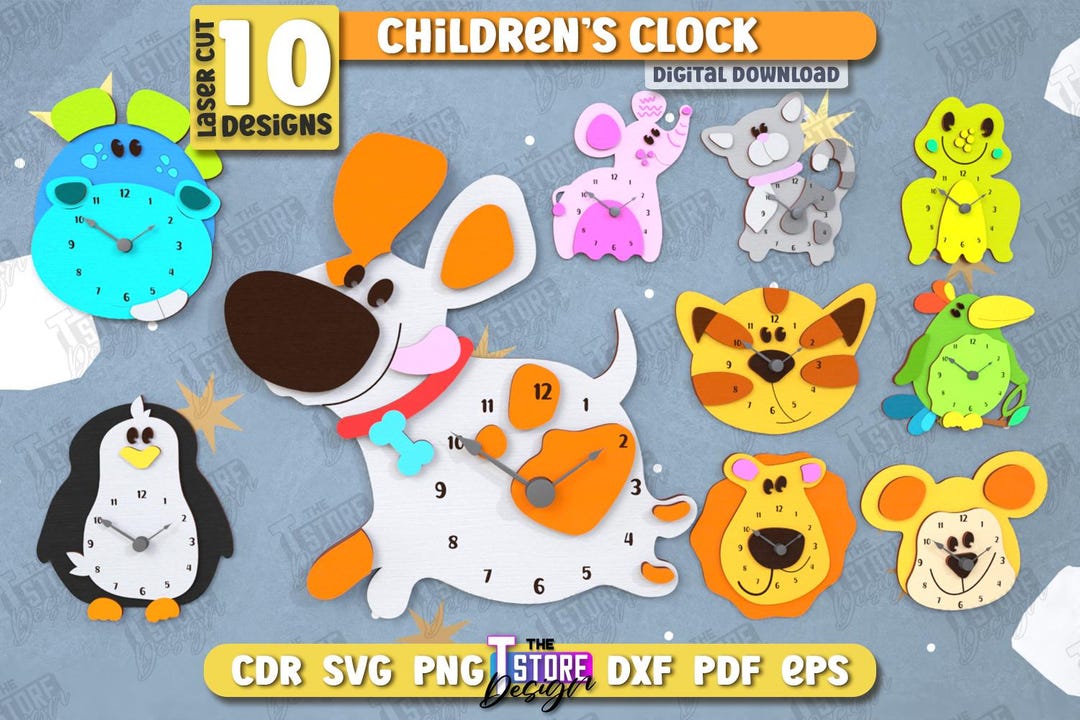 Children's Clock Laser Cut Bundle, Kids Wall Clock SVG, Kids Room Wall ...