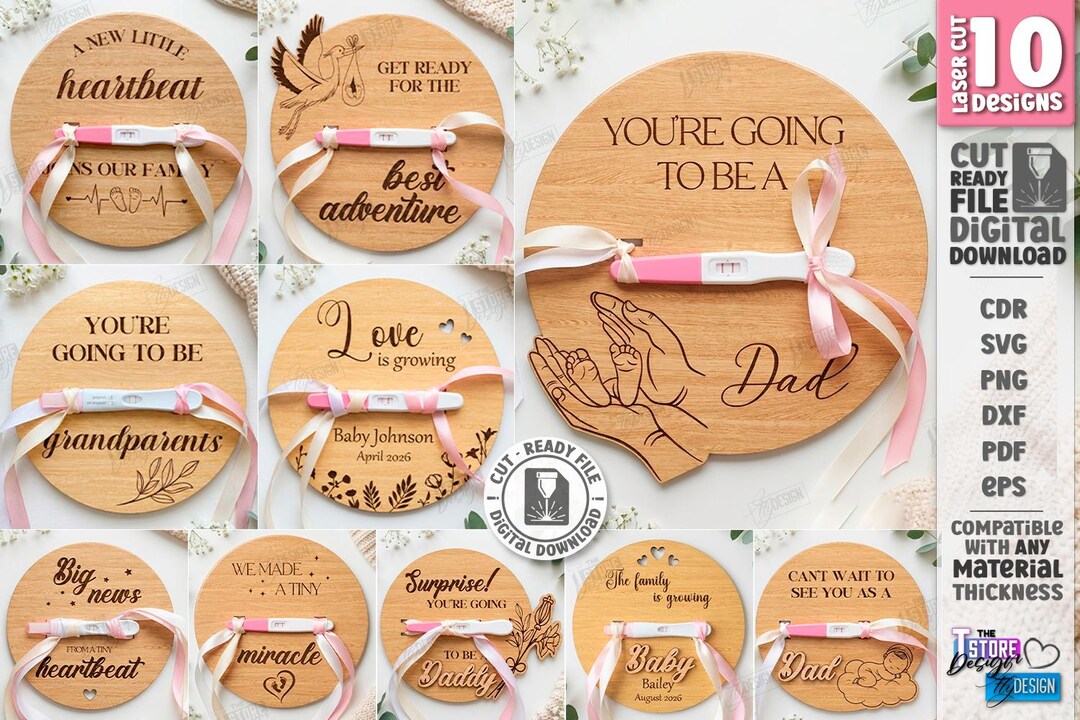 3d Pregnancy Test Reveal Disc Laser Cut Bundle, Baby Announcement Tray ...
