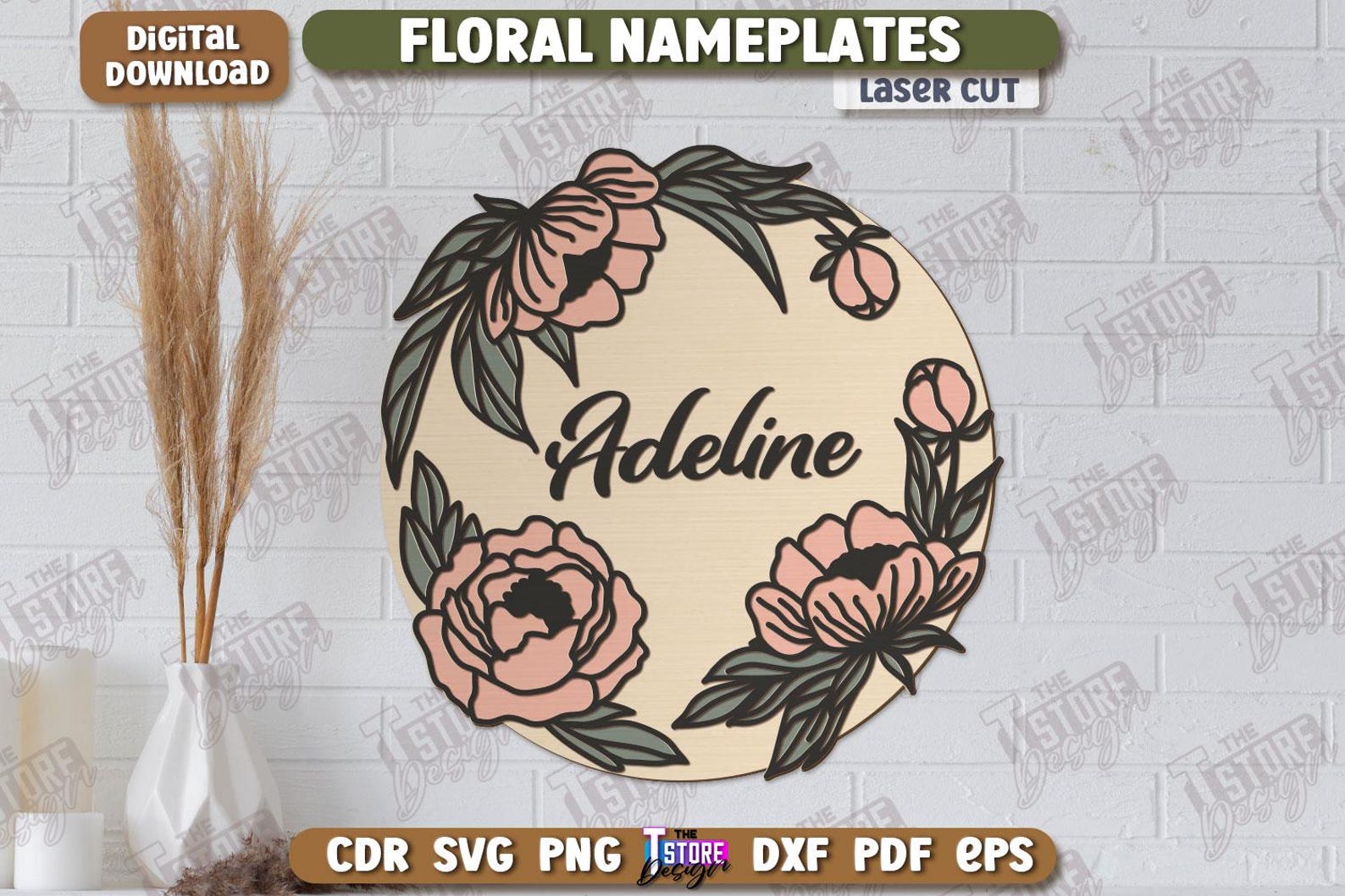 Round Floral Name Plates Laser Cut Bundle, Floral Door Hanger, Wall ...