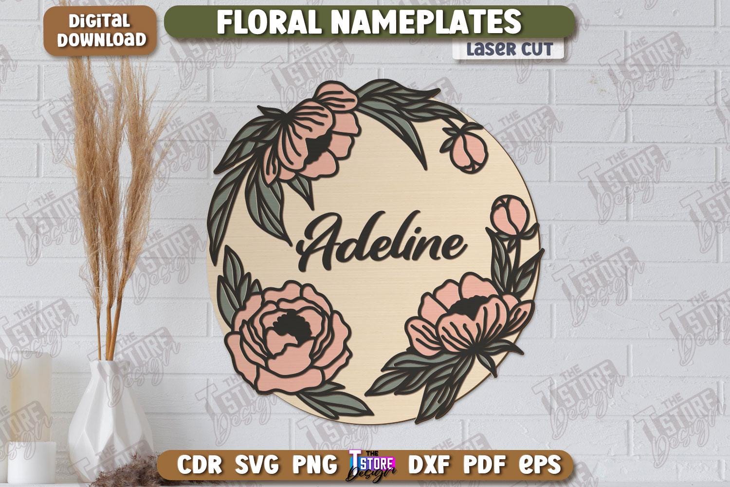 Round Floral Name Plates Laser Cut Bundle, Floral Door Hanger, Wall ...