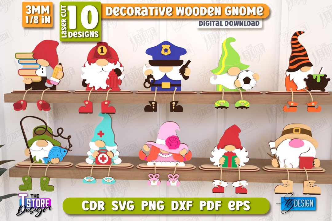 Decorative Wooden Gnome Laser Cut Bundle, Wooden Seated Figurine, Cute ...