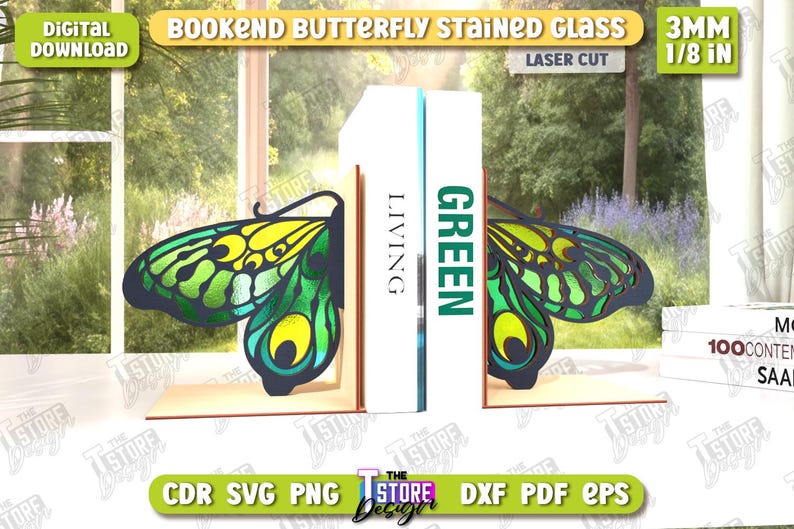 3D Stained Glass Butterfly Bookends Laser Bundle, Kids Bookend Svg ...