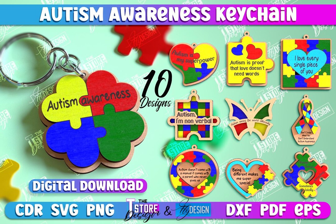 Autism Awareness Keychain Laser Cut Bundle, Wooden Puzzle Piece, 3d ...
