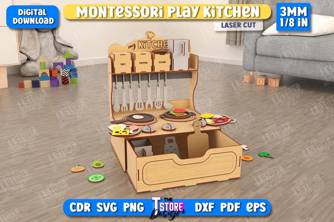 Montessori Play Kitchen Laser Cut, Children's Pretend Cooking Toy ...