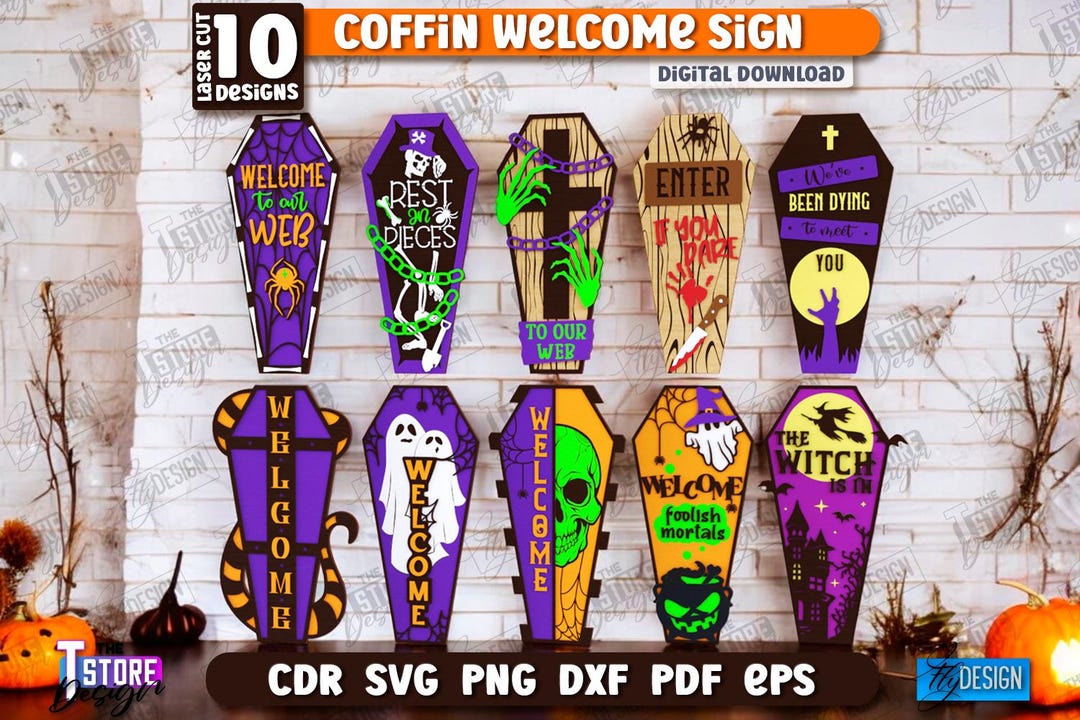 3d Coffin Welcome Sign Laser Cut Bundle, Halloween Door Signs Lasercut ...