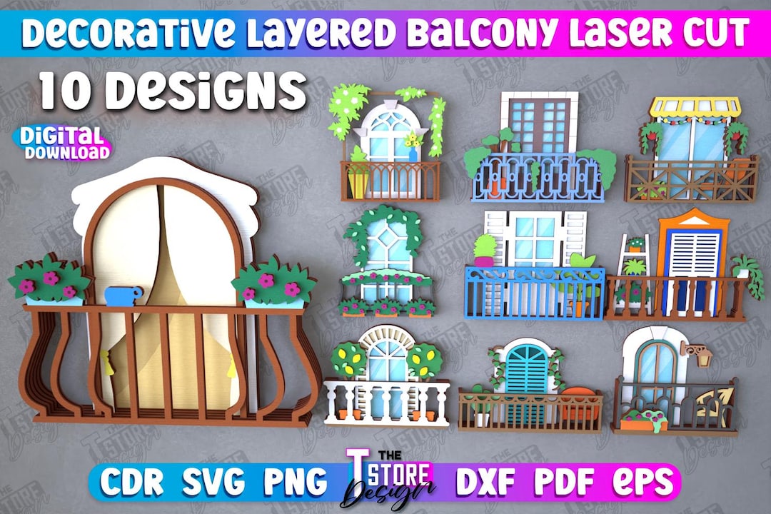3D Decorative Balconies Laser Cut Bundle, Layered Svg Balcony With ...