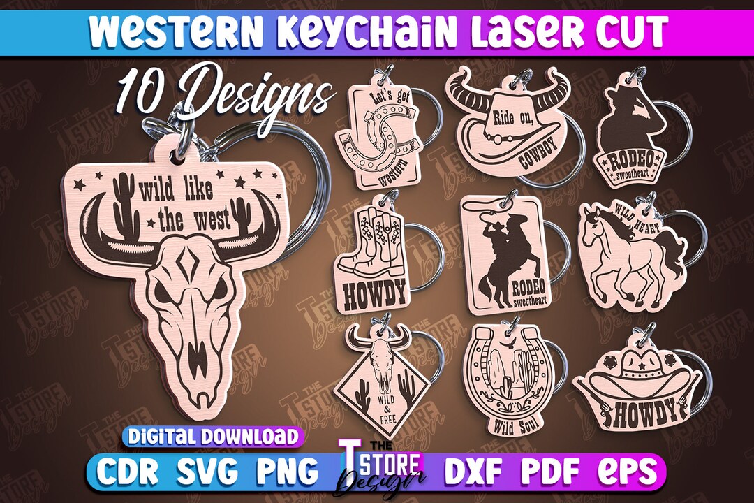 Western Keychains Laser Cut Bundle, Cowboy Wild West SVG, Western ...