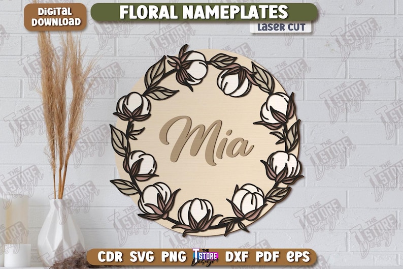 Round Floral Name Plates Laser Cut Bundle, Floral Door Hanger, Wall ...