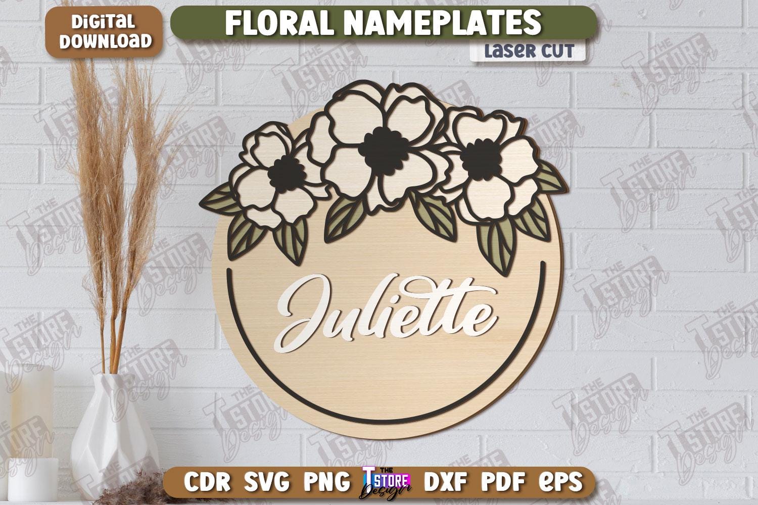 Round Floral Name Plates Laser Cut Bundle, Floral Door Hanger, Wall ...