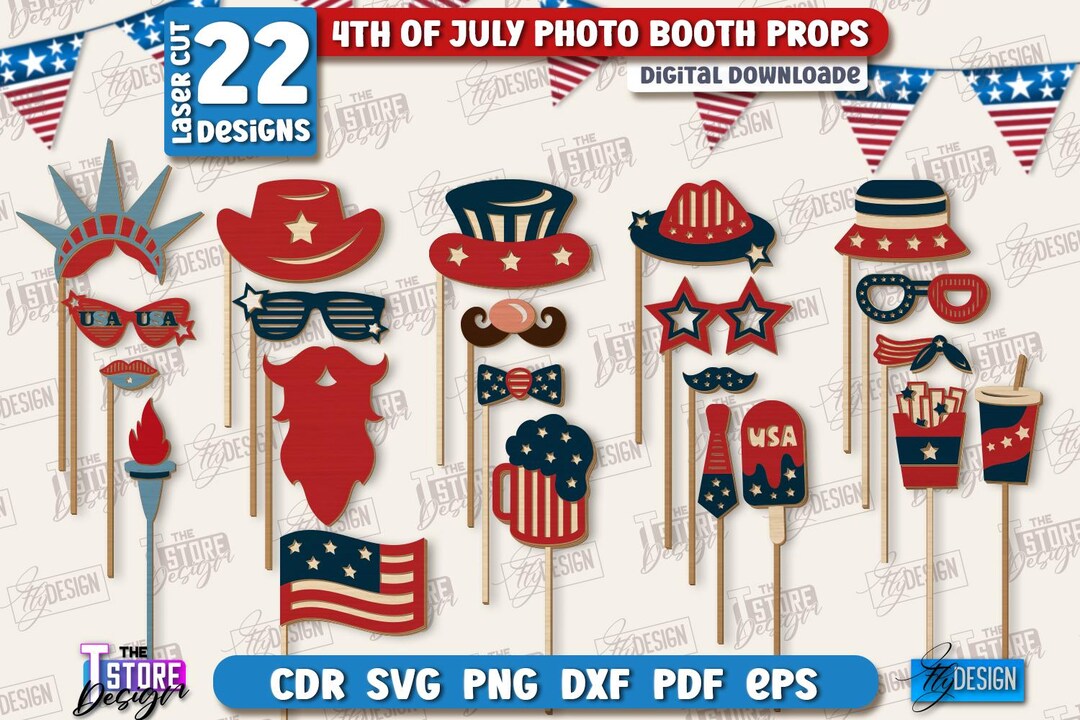 4th of July Photo Booth Props Laser Cut Bundle, Patriotic Party ...