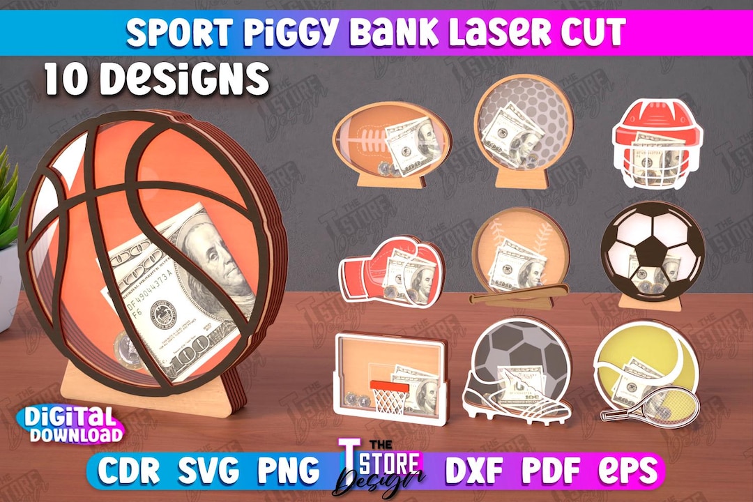 3D Sports Piggy Bank Laser Cut Bundle, Money Bank Boxes Lasercut, Money ...