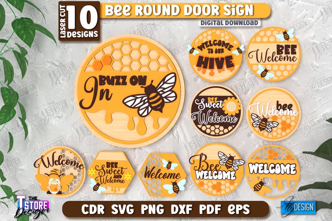3d Honey Bee Welcome Signs Laser Cut Bundle, Bee Comb Round Door Sign ...