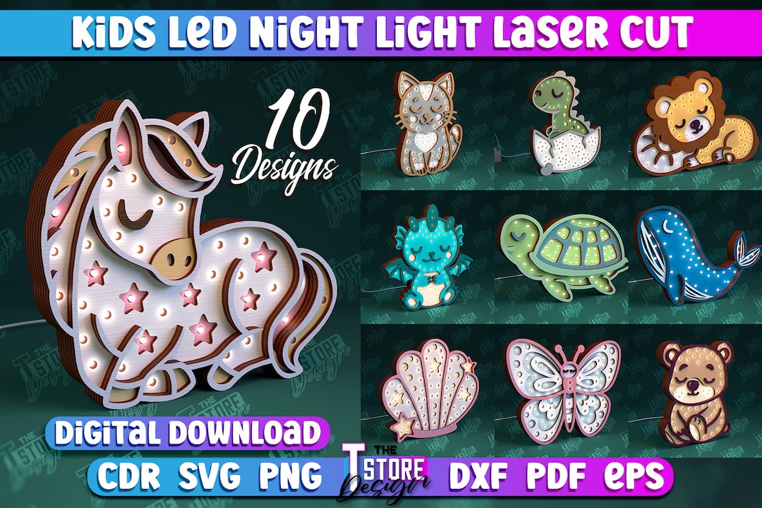 Kids Wooden Led Night Lamps Bundle | 3D Animals Led Light Box Lasercut ...