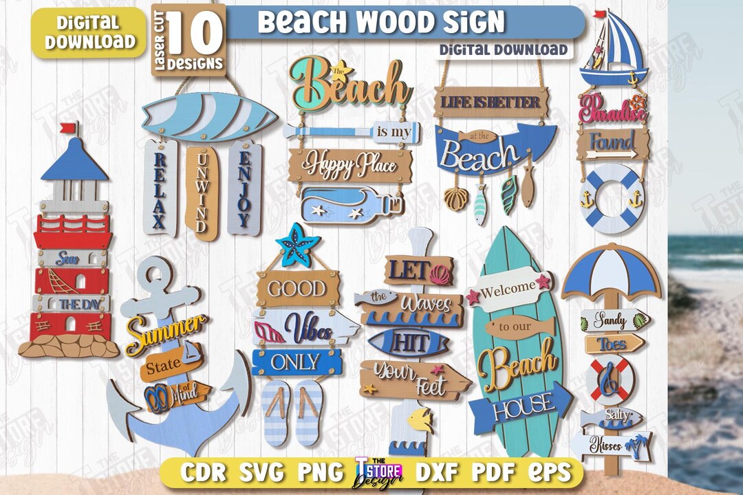 3d Summer Beach Signs Laser Cut Bundle, Wooden Summer Signs Lasercut ...
