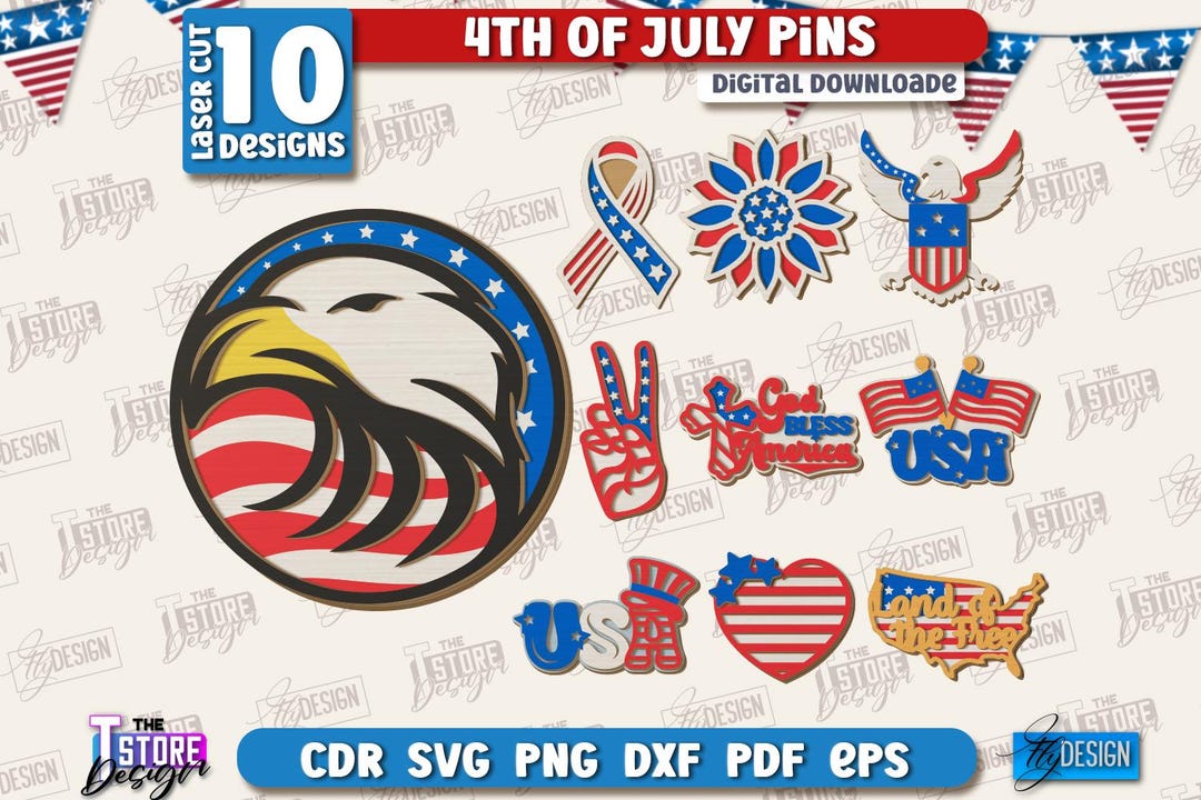 4th of July Pins Laser Cut Bundle, Patriotic Brooches, Red White Blue ...