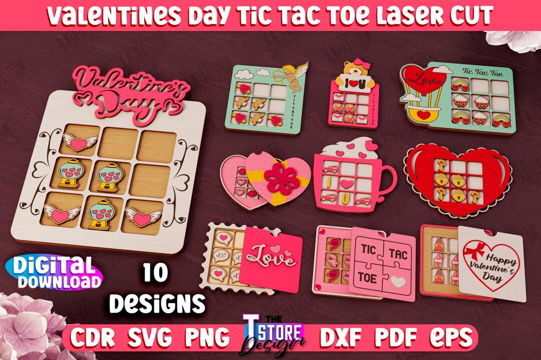 Valentines Day Tic Tac Toe Laser Cut Bundle, Tic Tac Heart SVG ...