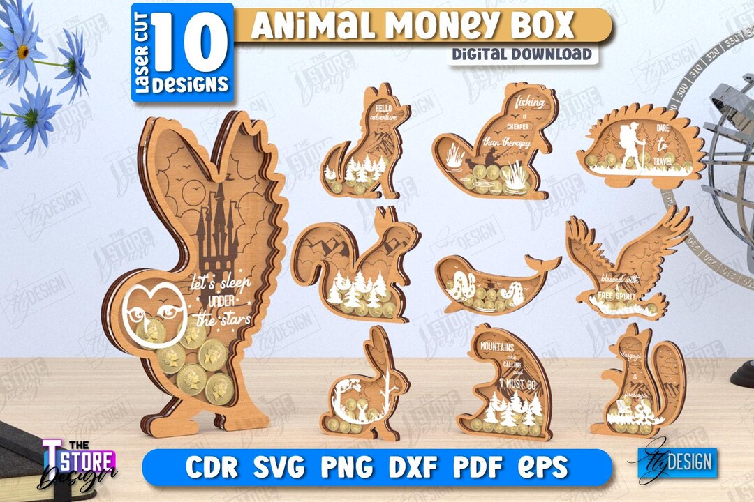 Animal Money Box Laser Cut Bundle, 3D Cute Animal Piggy Bank SVG, Money ...
