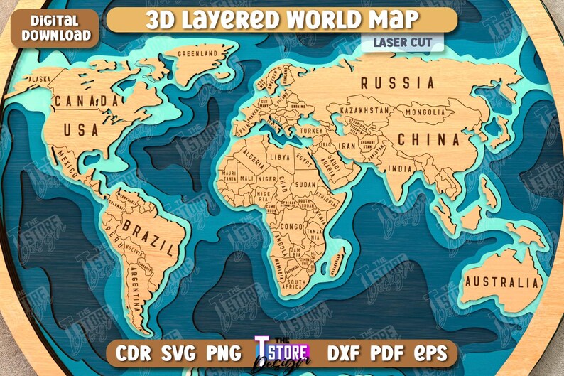 3d Layered World Map Laser Cut Design, Multilayered Wall Art, 3d Map of ...