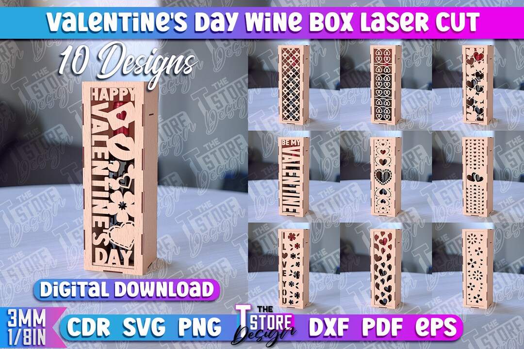 Valentine's Day Wine Box Laser Cut SVG Bundle | Wine Laser SVG Design ...