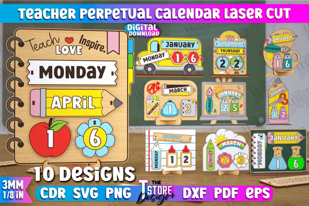 Perpetual Teacher Desk Calendar Lasercut Bundle, Eternal Calendar Svg ...