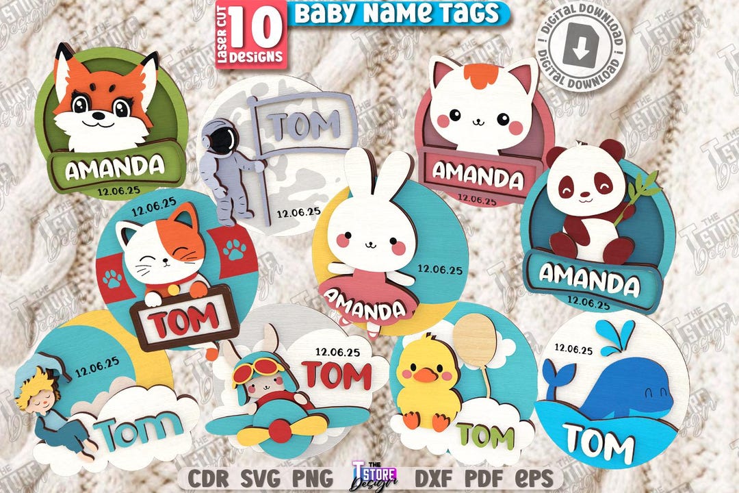 3d Baby Name Tags Laser Cut Bundle, Baby Name Round Signs, Kids Name ...