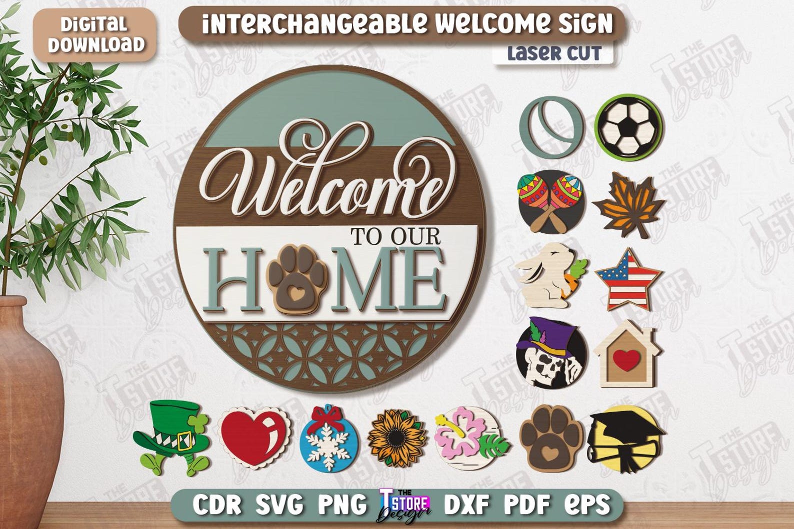 Interchangeable Welcome Signs Laser Cut Bundle, Seasonal Round Door ...