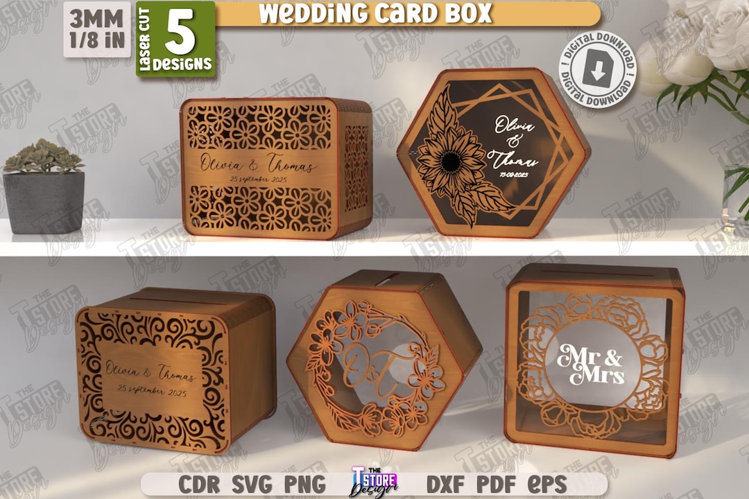 3d Wedding Card Boxes Laser Cut Bundle, Wedding Drop Box for Cards Svg ...