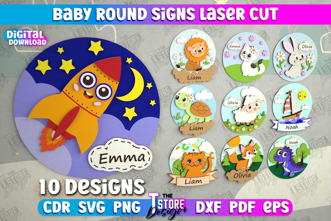 Baby Name Sign SVG Bundle, Nursery Round Sign Animals, Personalized ...