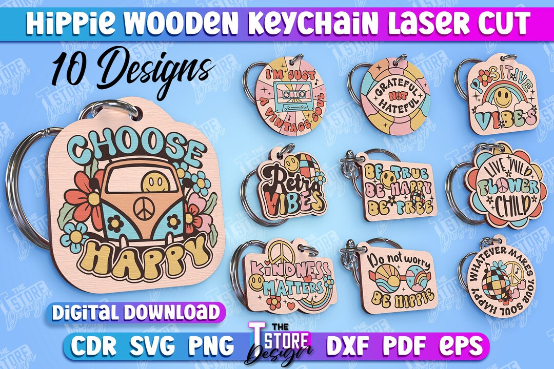 Hippie Wooden Keychain Bundle, Retro Keyring Laser Cut, Hippie Wooden ...