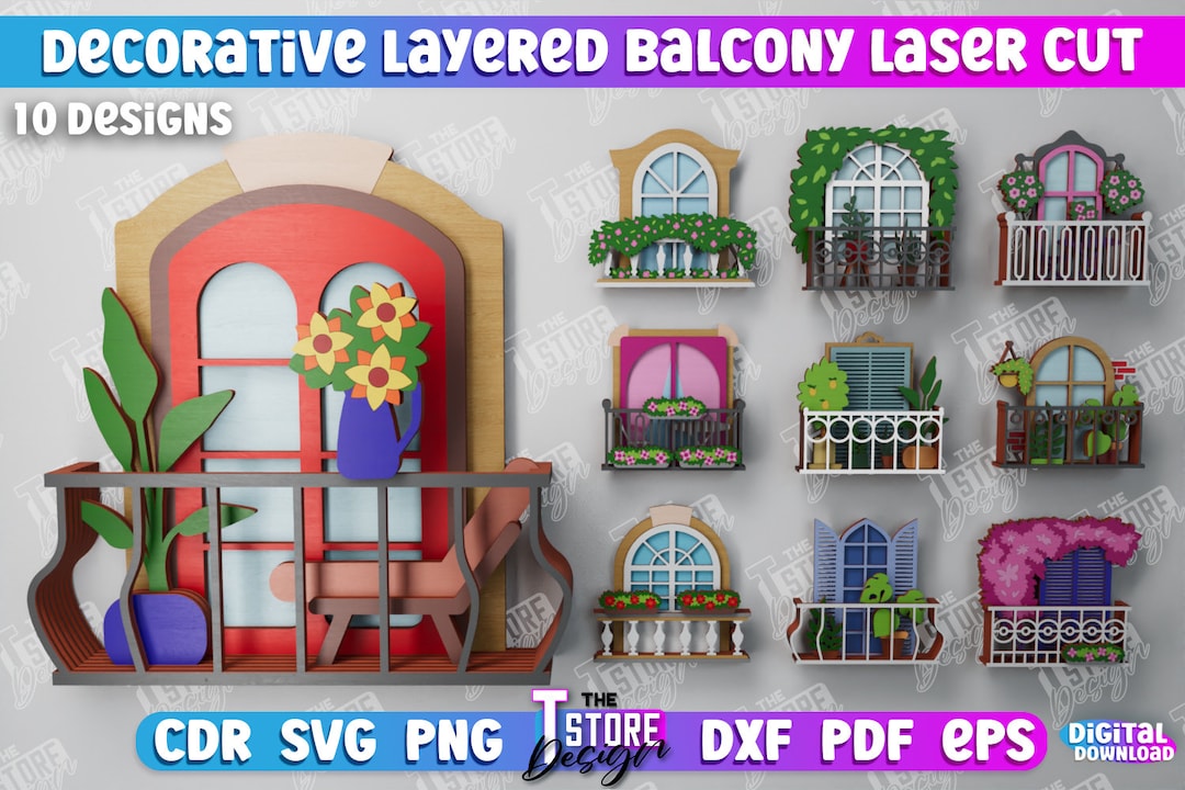 3D Decorative Balconies Laser Cut Bundle, Layered Svg Balcony With ...