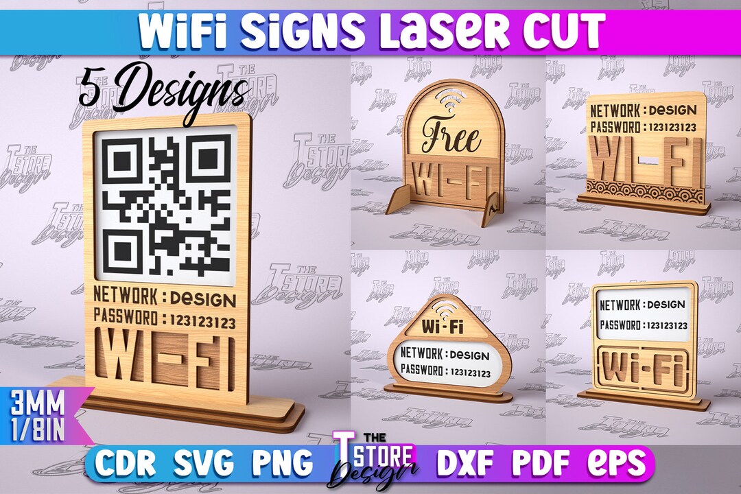 Wifi Sign Laser Cut File | Wifi Signs Laser Cut Bundle | QR Code | Wifi ...