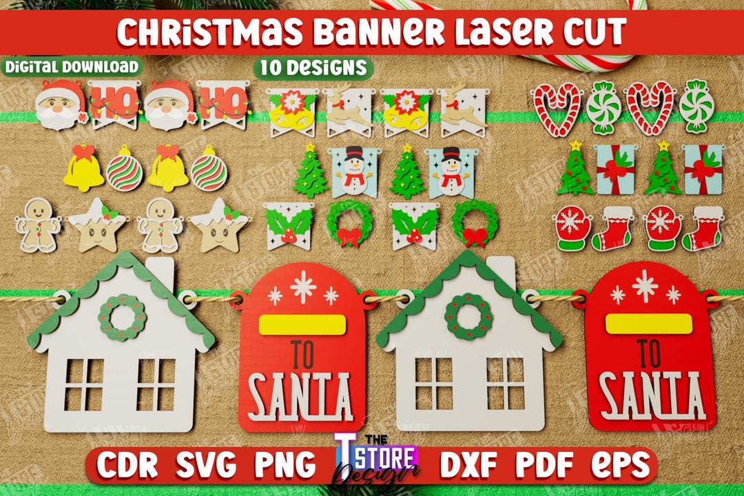 3D Christmas Banners Laser Cut Bundle, Xmas Layered Garland Laser Cut ...