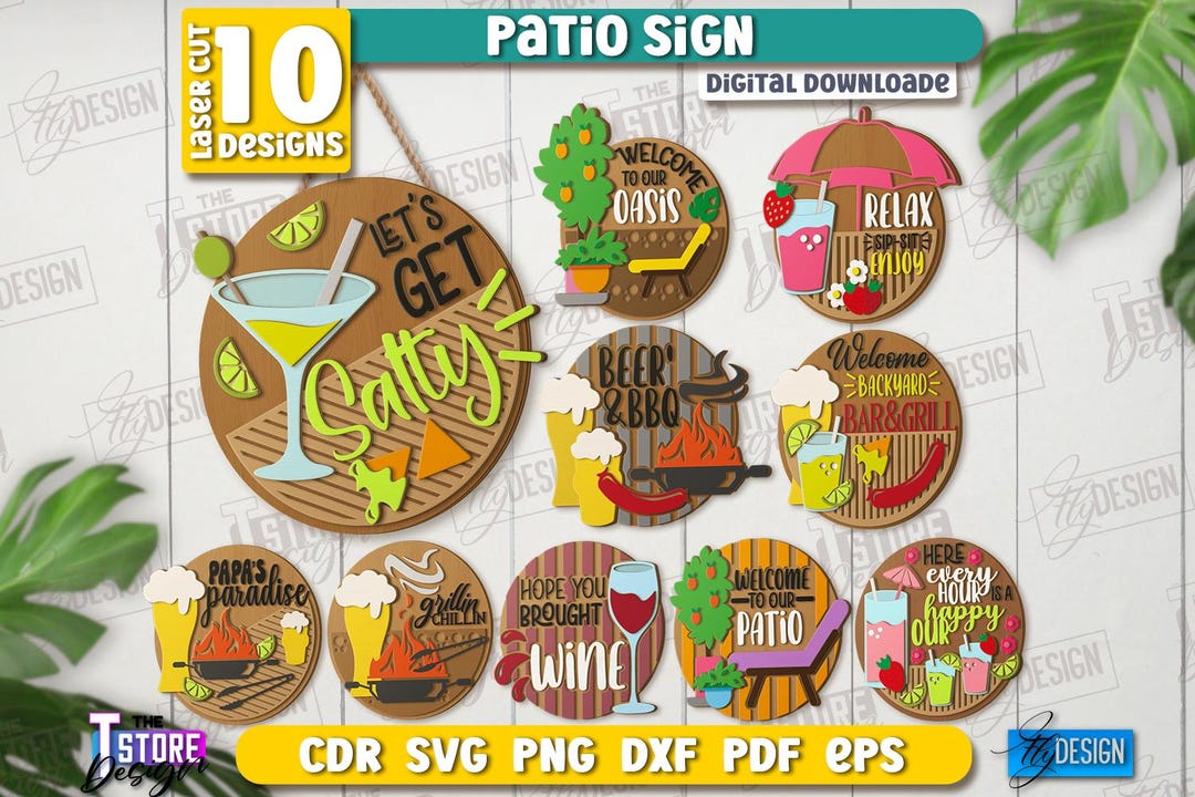 Patio Signs Laser Cut Bundle, Summer Patio Door Signs, Round Door ...