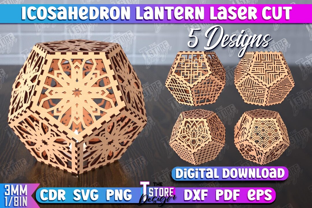 Icosahedron Lantern Lasercut Bundle, Wood Triangle Shadow Lamp, Tea ...