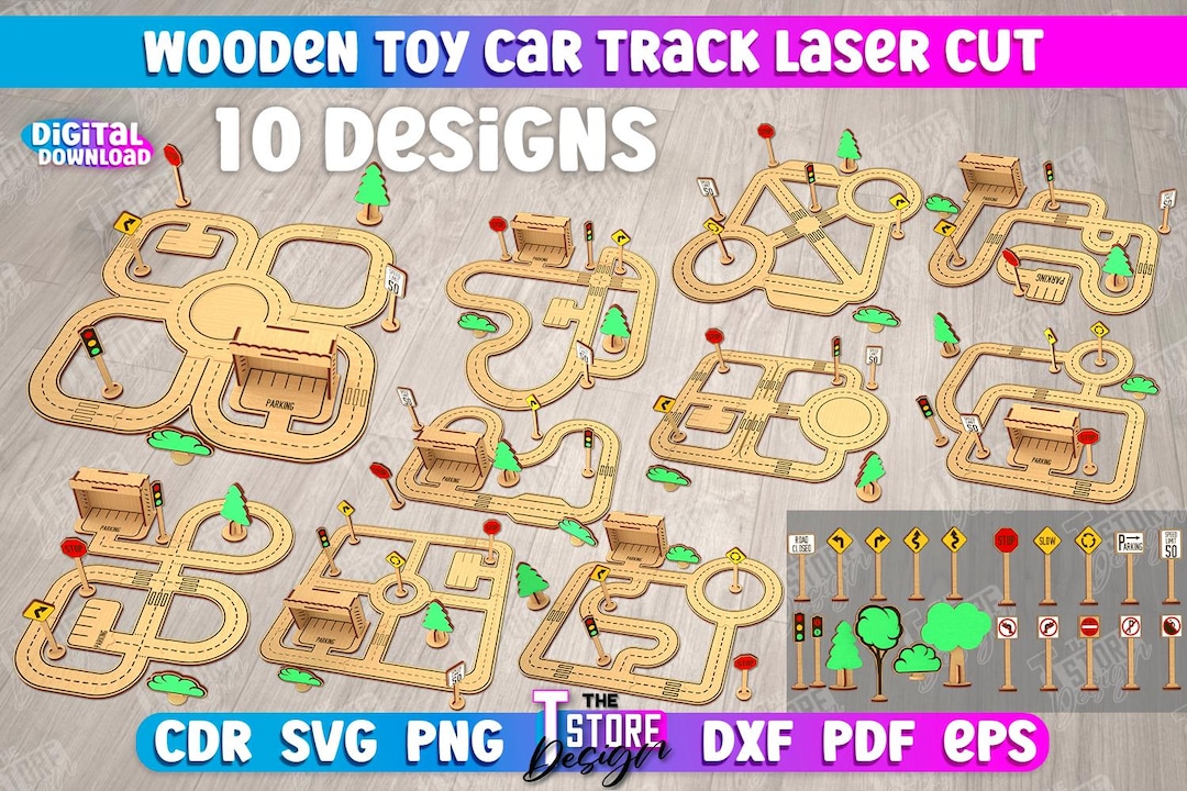 Wooden Toy Car Tracks Bundle, 3d Puzzle Road Track Laser Cut, Road ...