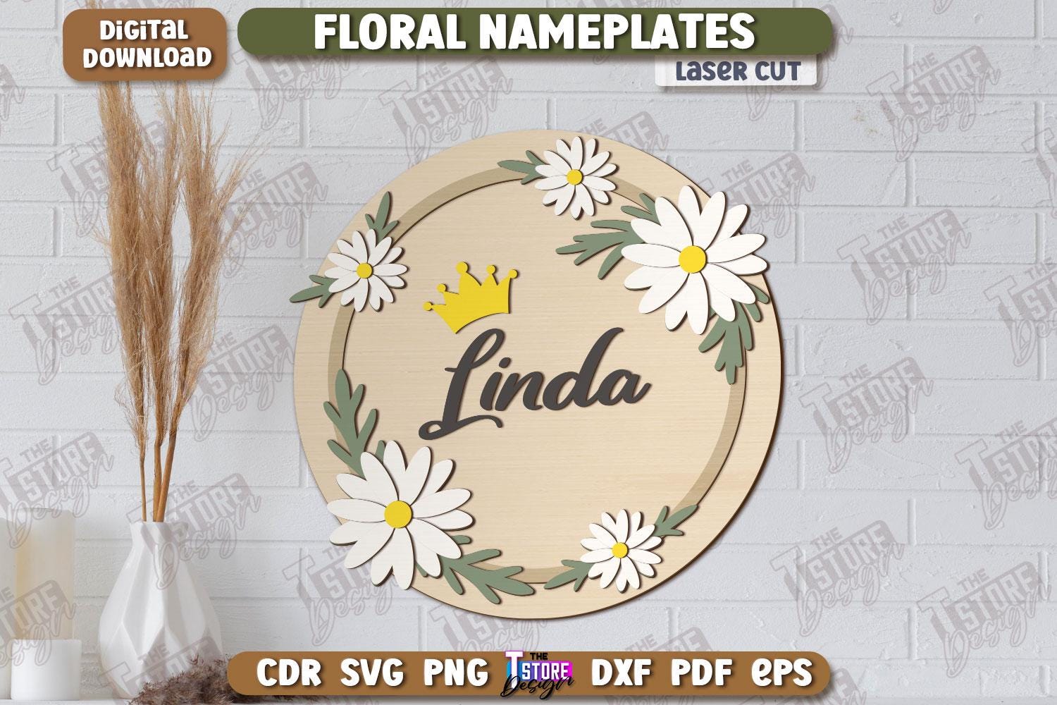 Round Floral Name Plates Laser Cut Bundle, Floral Door Hanger, Wall ...