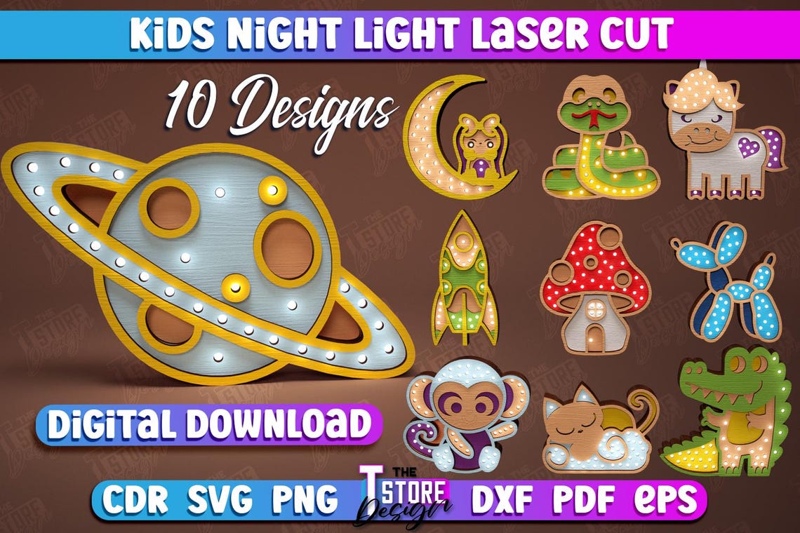 Kids Wooden Led Night Lamps Bundle, 3D Animals Led Light Box Lasercut ...