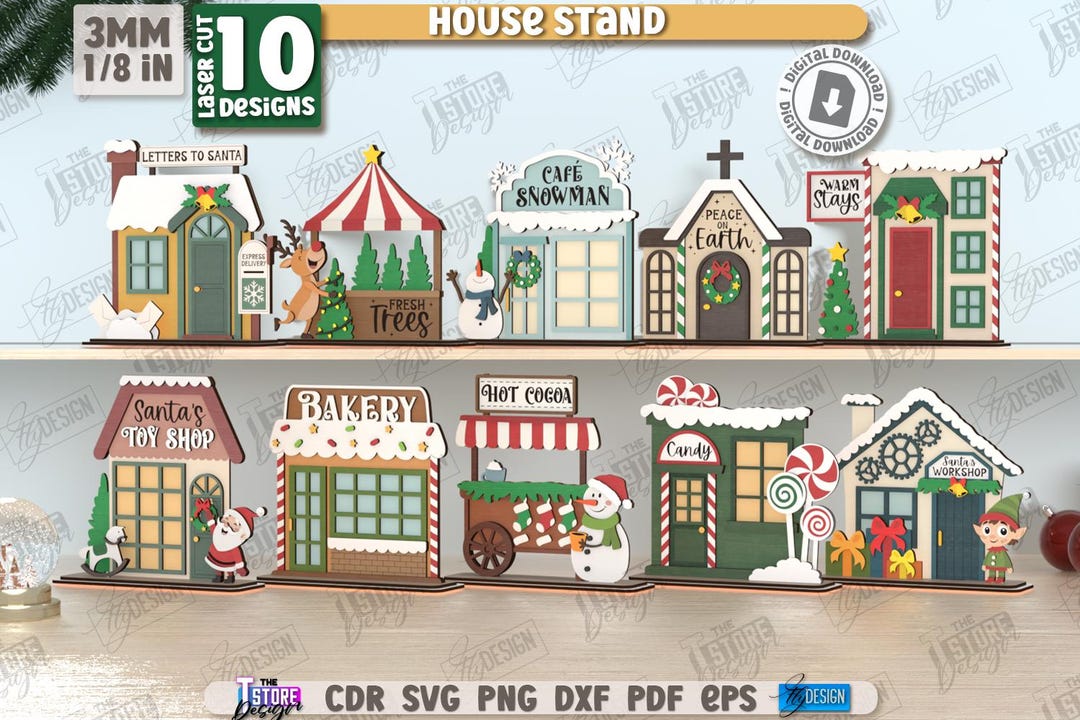 3d Christmas House Stand Laser Cut Bundle, Xmas House Shelf Sitter ...