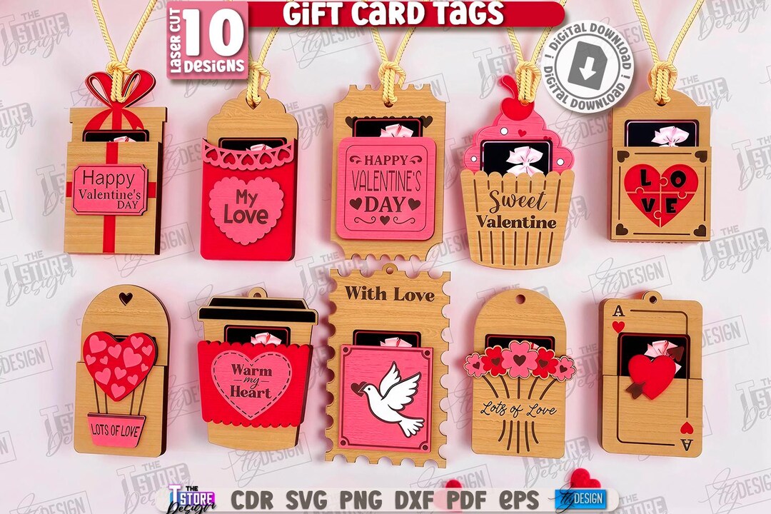 Valentine's Day Gift Card Tags Laser Cut Bundle, Gift Card Holder Tags ...