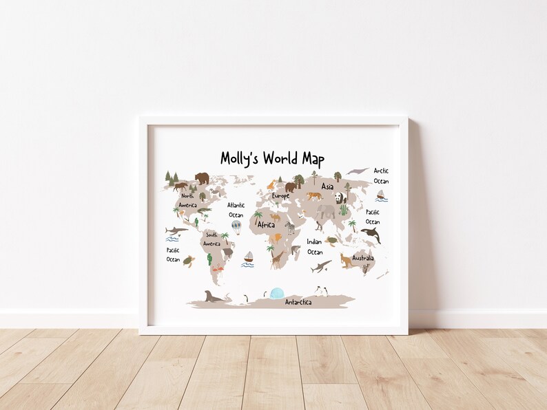 Animal World Map Prints, Digital Safari Animals Print, Downloadable ...