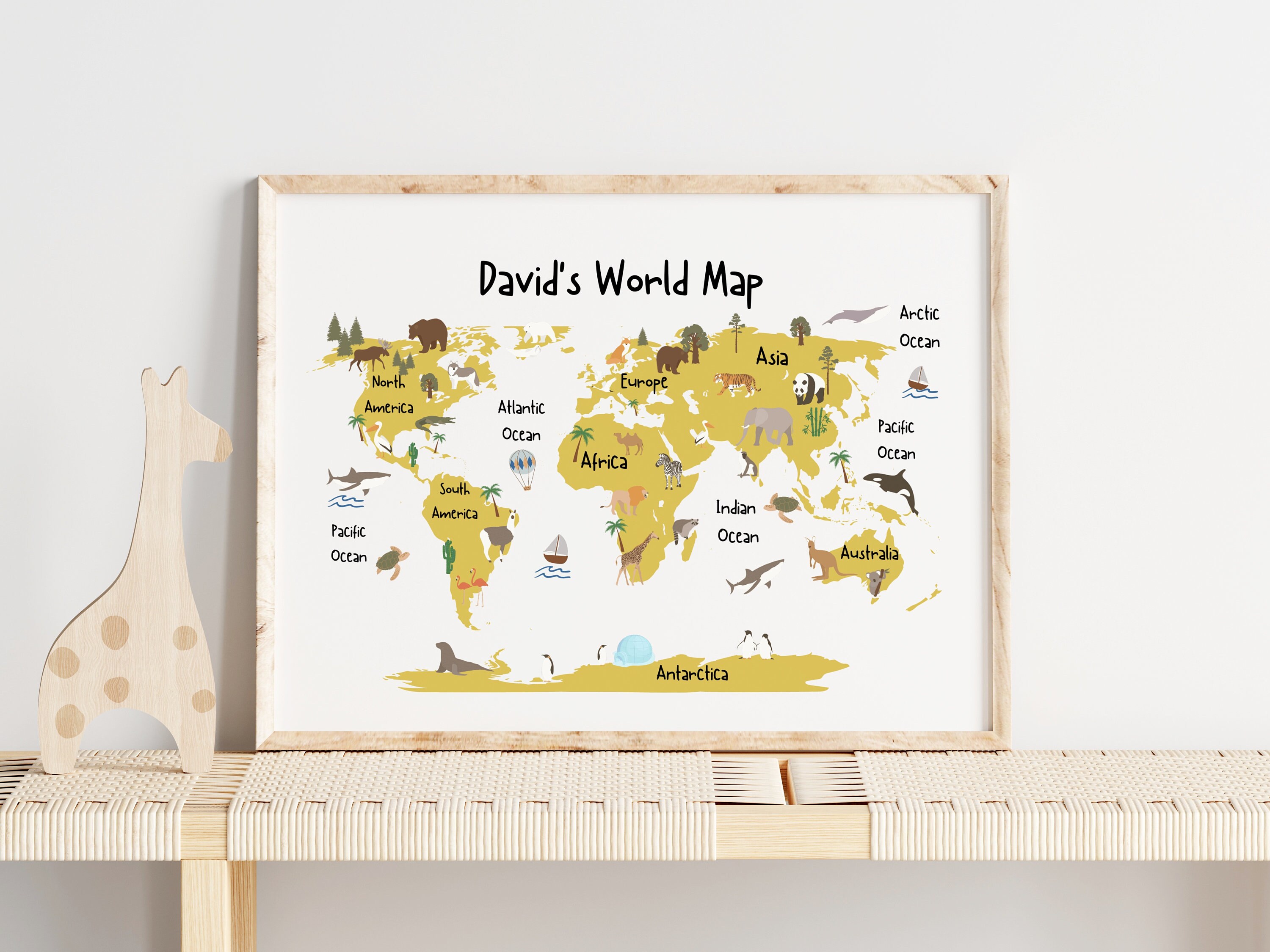Animal World Map Prints, Digital Safari Animals Print, Downloadable ...