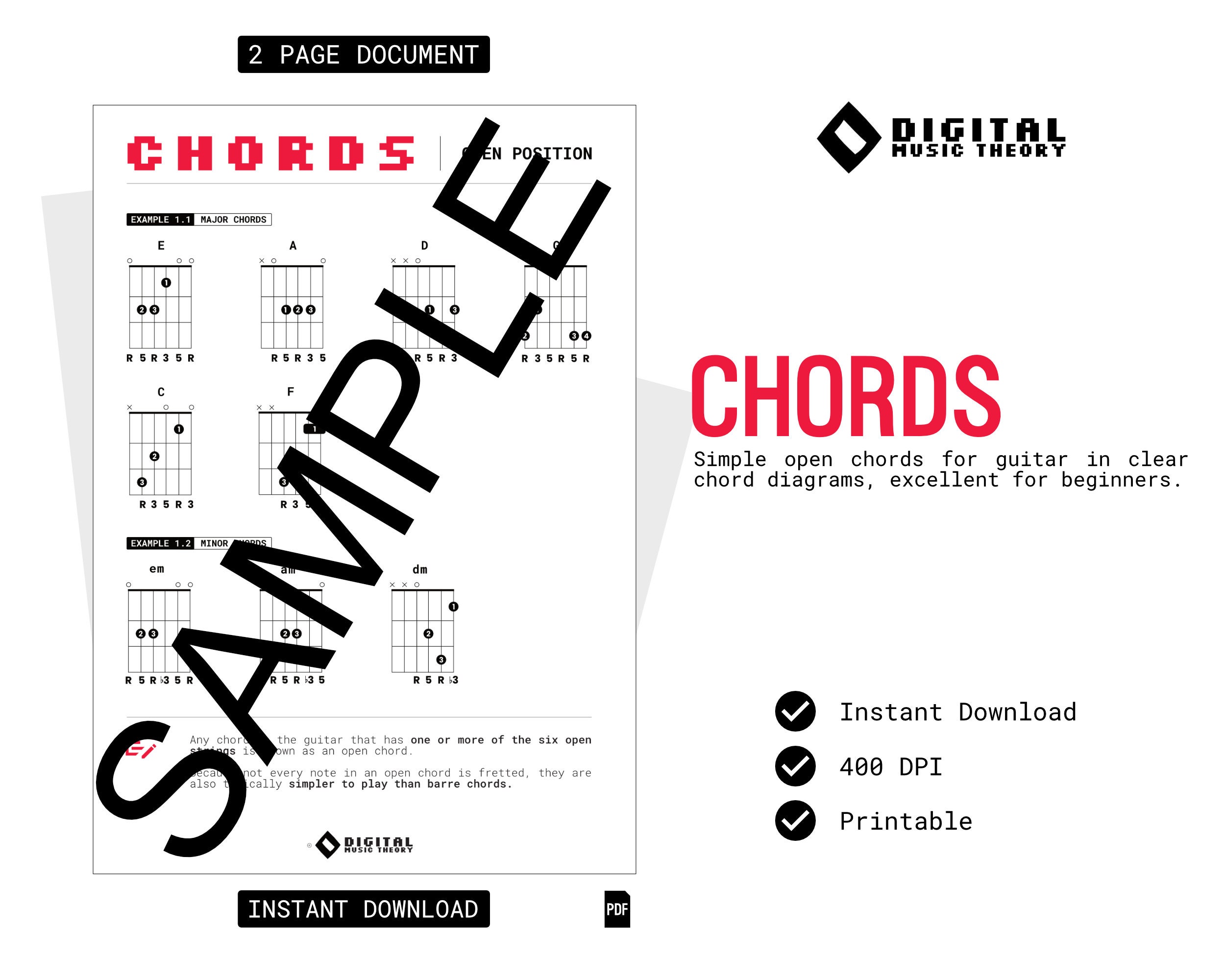Open Position Guitar Chords Chord Diagrams Music Tutor Handouts. - Etsy