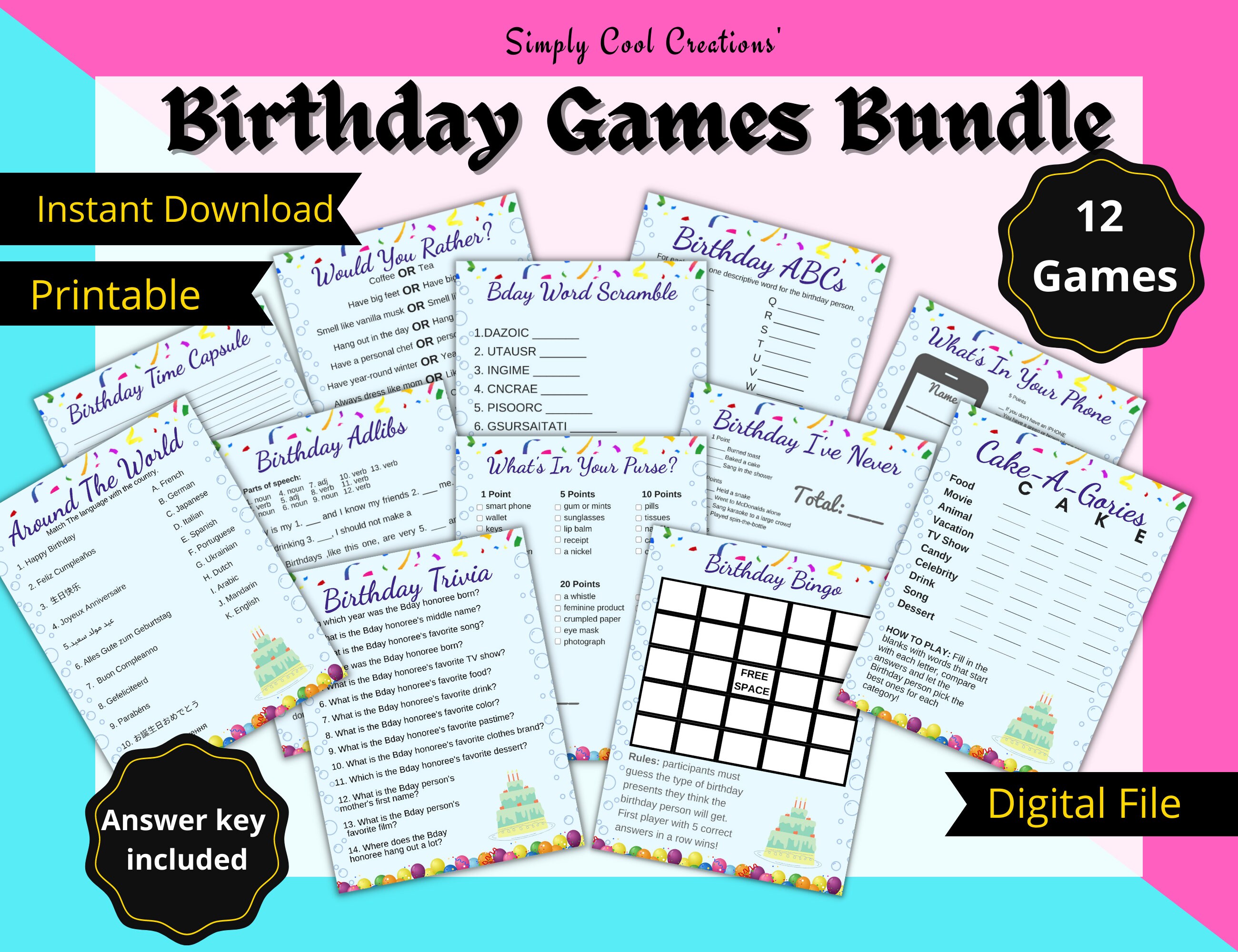12 Birthday Party Printable Games Bingo, Cake a Gories, I've Never ...
