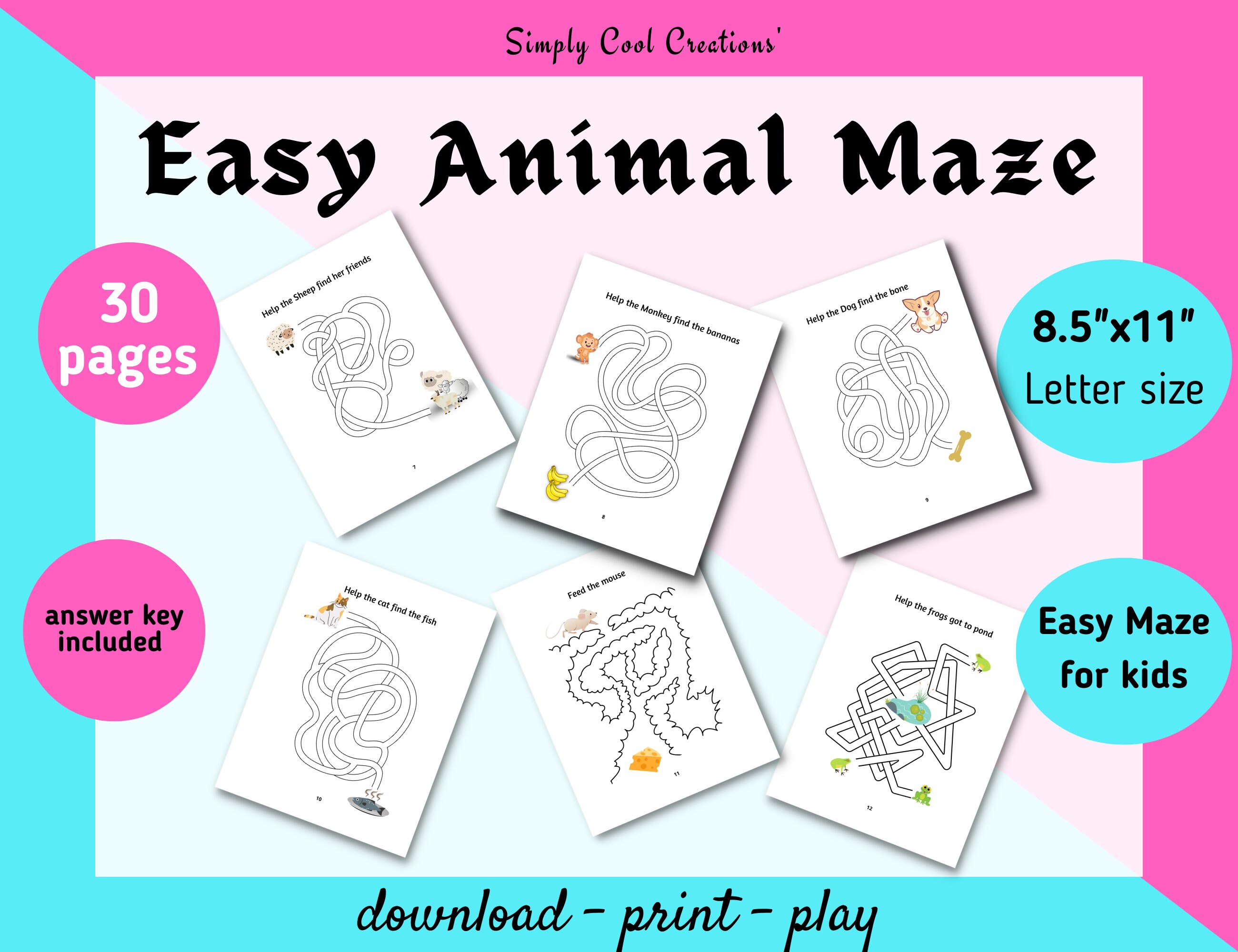 30 Printable Fun Animal Maze Educational Game for Kids Pre-school ...